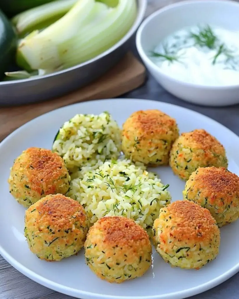 Zucchini Balls with Herbed Rice and Creamy Garlic Sauce - Foodyhealthylife